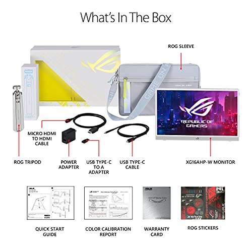 ASUS ROG Strix 15.6” 1080P Portable Gaming Monitor (XG16AHP-W) - White, FHD, 144Hz, IPS, G-SYNC, Built-in Battery, Kickstand, USB Type-C, Micro HDMI, ROG Tripod Stand, Console, 3-Year Warranty