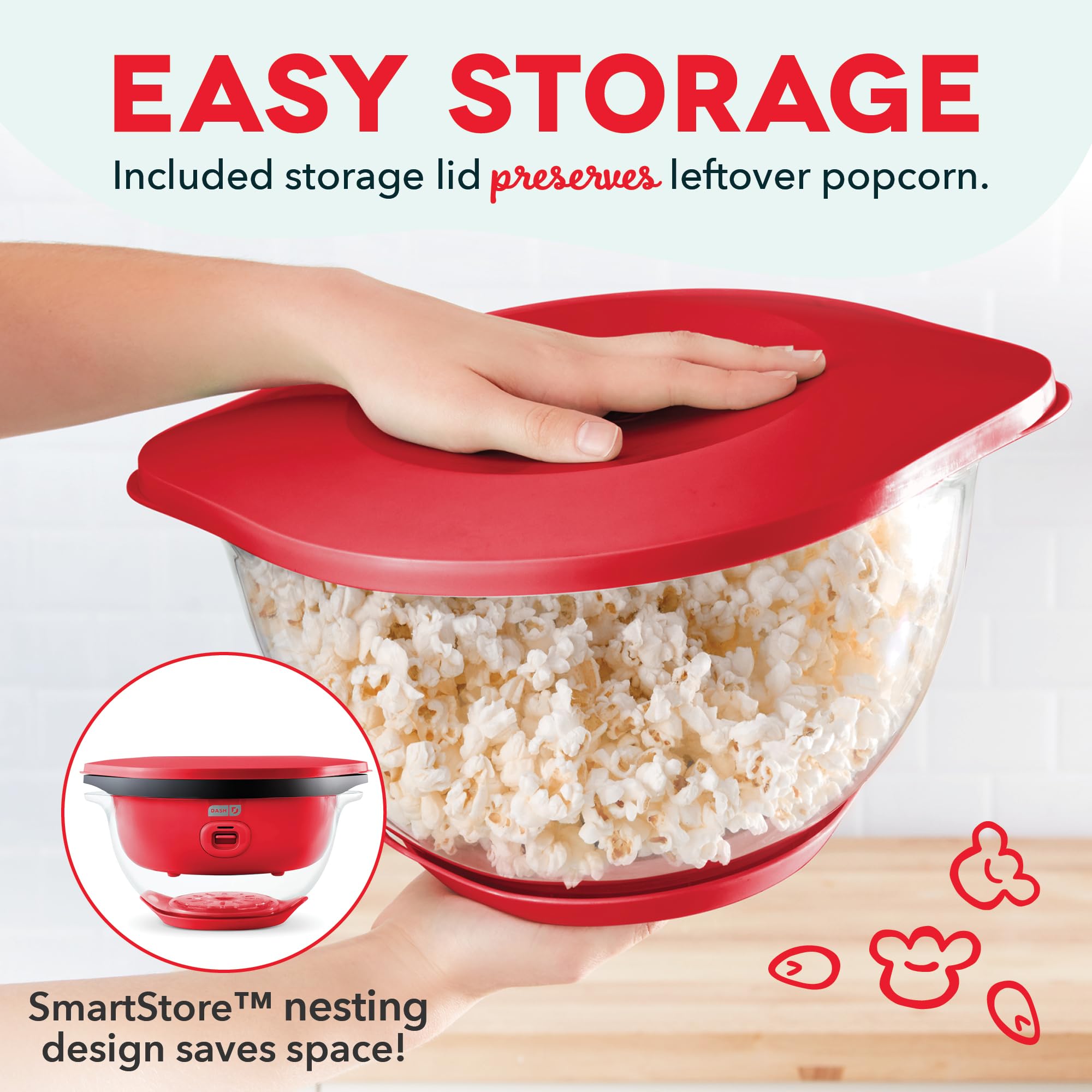 DASH SmartStore™ Deluxe Stirring Popcorn Maker, Hot Oil Electric Popcorn Machine with Large Lid for Serving Bowl and Convenient Storage, 24 Cups – Red