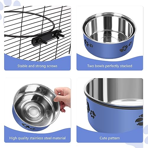 OFFKITSLY 2 Pack Stainless Steel Dog Crate Water Bowls, No Spill, Anti-Tipping, Hygienic, Easy to Clean, Cute Pattern, Perfect Size