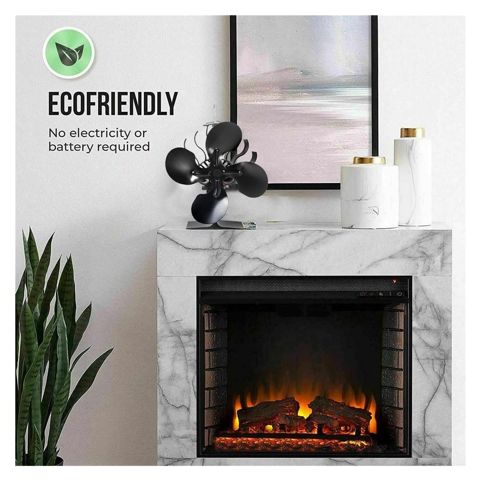 4- Stove Fireplace Fan Effecient Heat Powered Log Wood Burner Stove Fan Eco-Fan Quiet Heat Distribution (Color : Black)