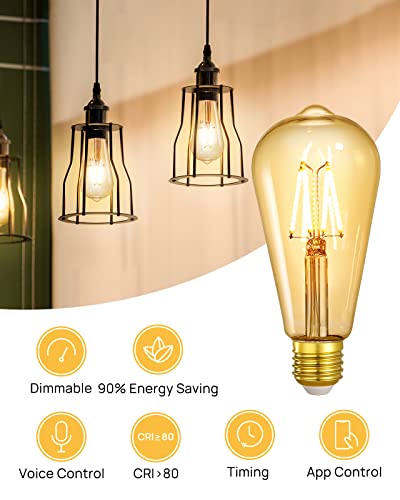 Linkind Smart Edison Bulbs, WiFi LED E26 Edison Bulbs, Dimmable ST64 Vintage Filament Light Bulb, 45W Equivalent, 2200K Soft White, 350lm, Compatible with Alexa, Google Home, No Hub Required, 2 Pack