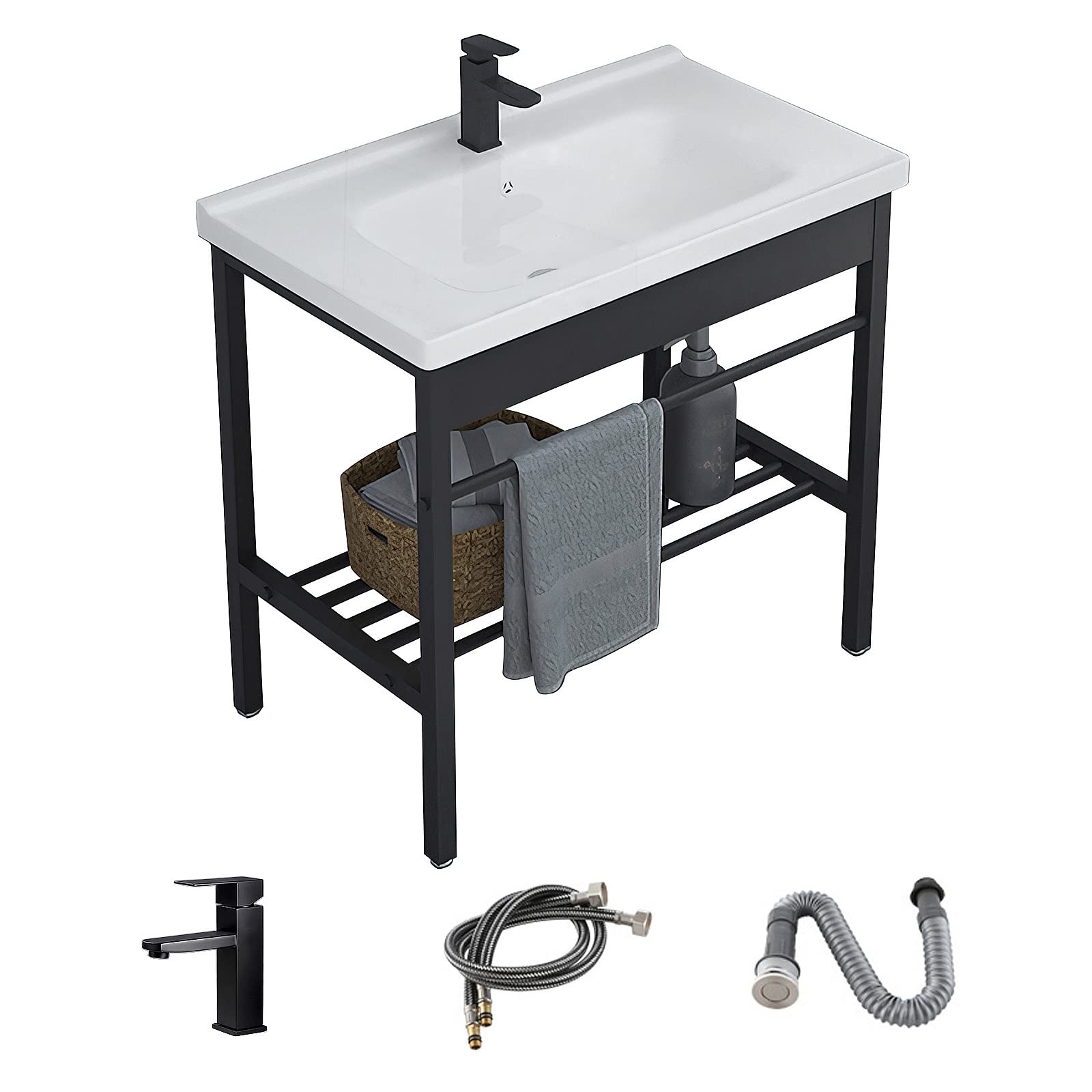 Freestanding Bathroom Console Sink, Bathroom Vanity with Sink, 28.3" x 19" x 32.3" Ceramic Console Sink Set With Bracket, Utility Sink for Laundry Room, Washing Room, Garage, Basement, Outdoor, Indoor