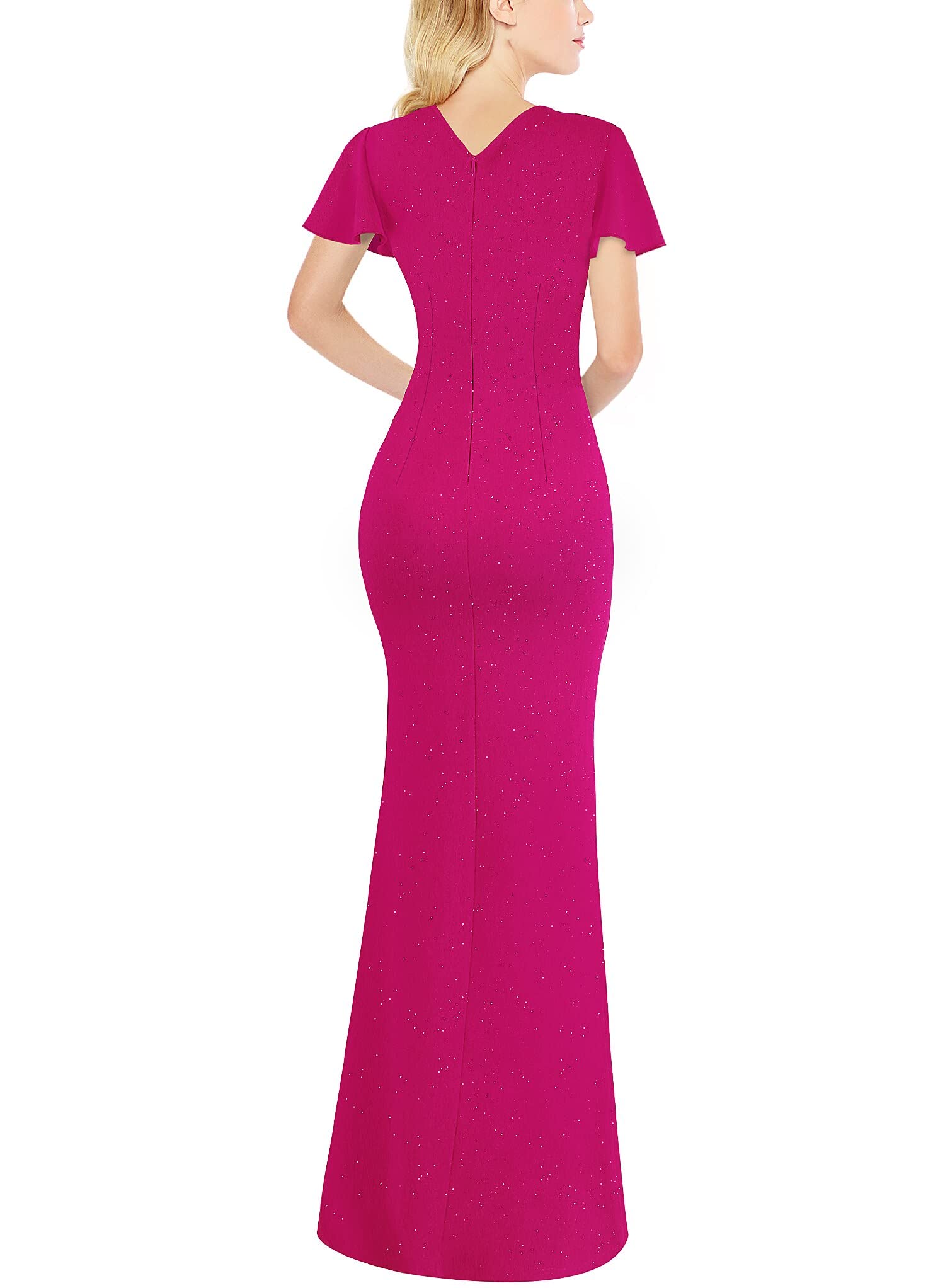 VFSHOW Womens Ruched Wrap V Neck Ruffle Formal Peplum High Slit Maxi Long Dress 2023 Wedding Guest Cocktail Prom Glitter Evening Gown (Hot Pink, Medium) 3121 HPIK M