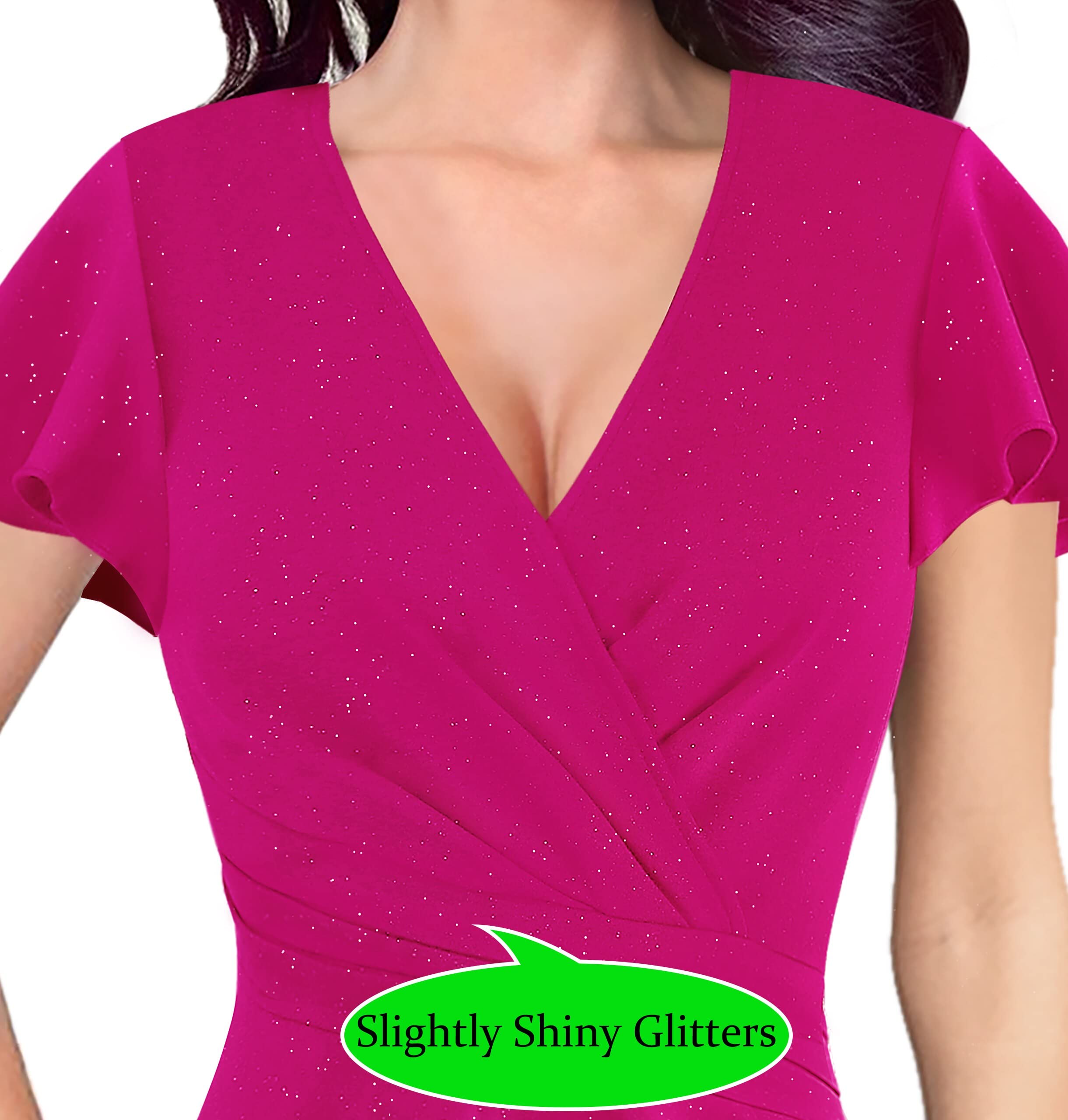 VFSHOW Womens Ruched Wrap V Neck Ruffle Formal Peplum High Slit Maxi Long Dress 2023 Wedding Guest Cocktail Prom Glitter Evening Gown (Hot Pink, Medium) 3121 HPIK M