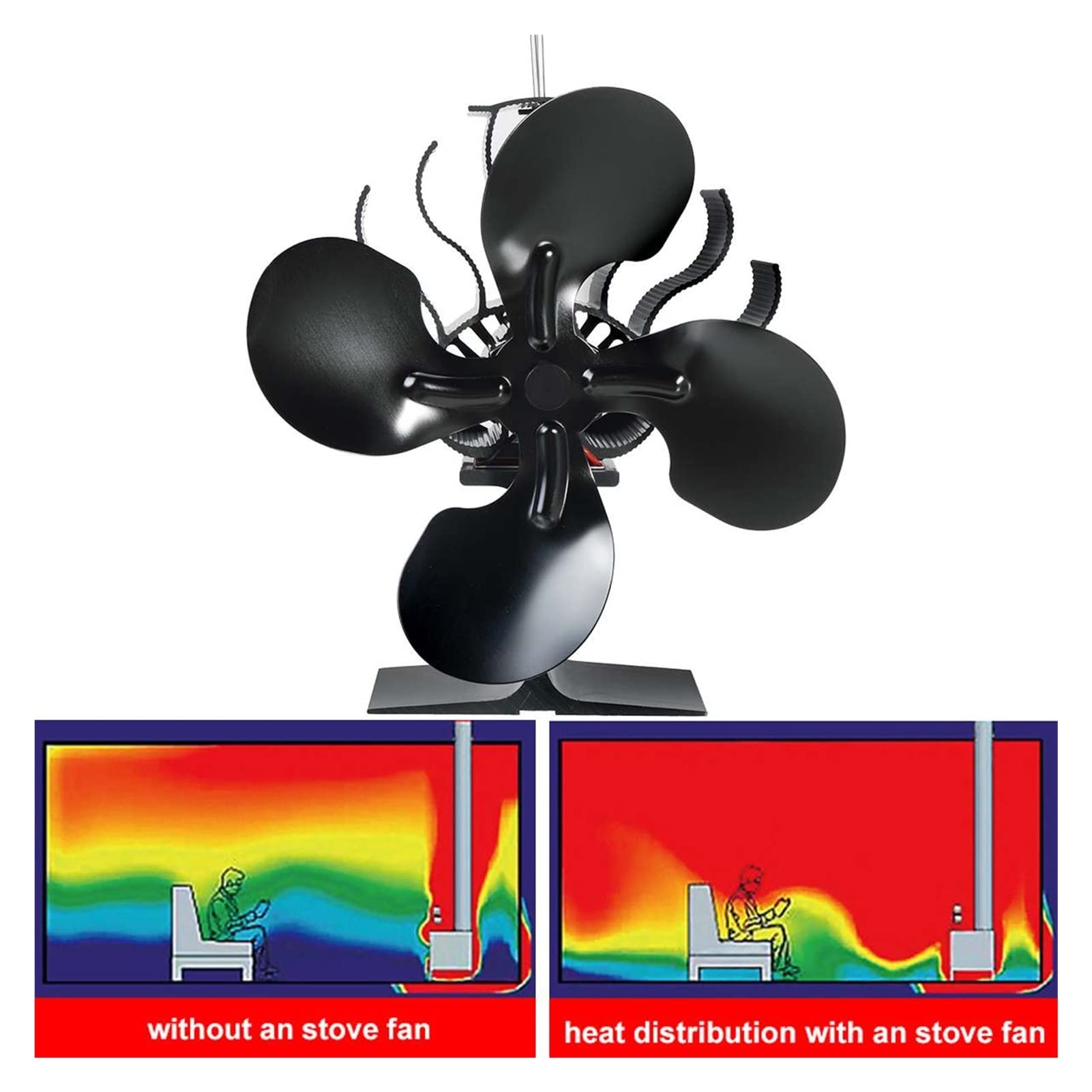 4- Stove Fireplace Fan Effecient Heat Powered Log Wood Burner Stove Fan Eco-Fan Quiet Heat Distribution (Color : Black)