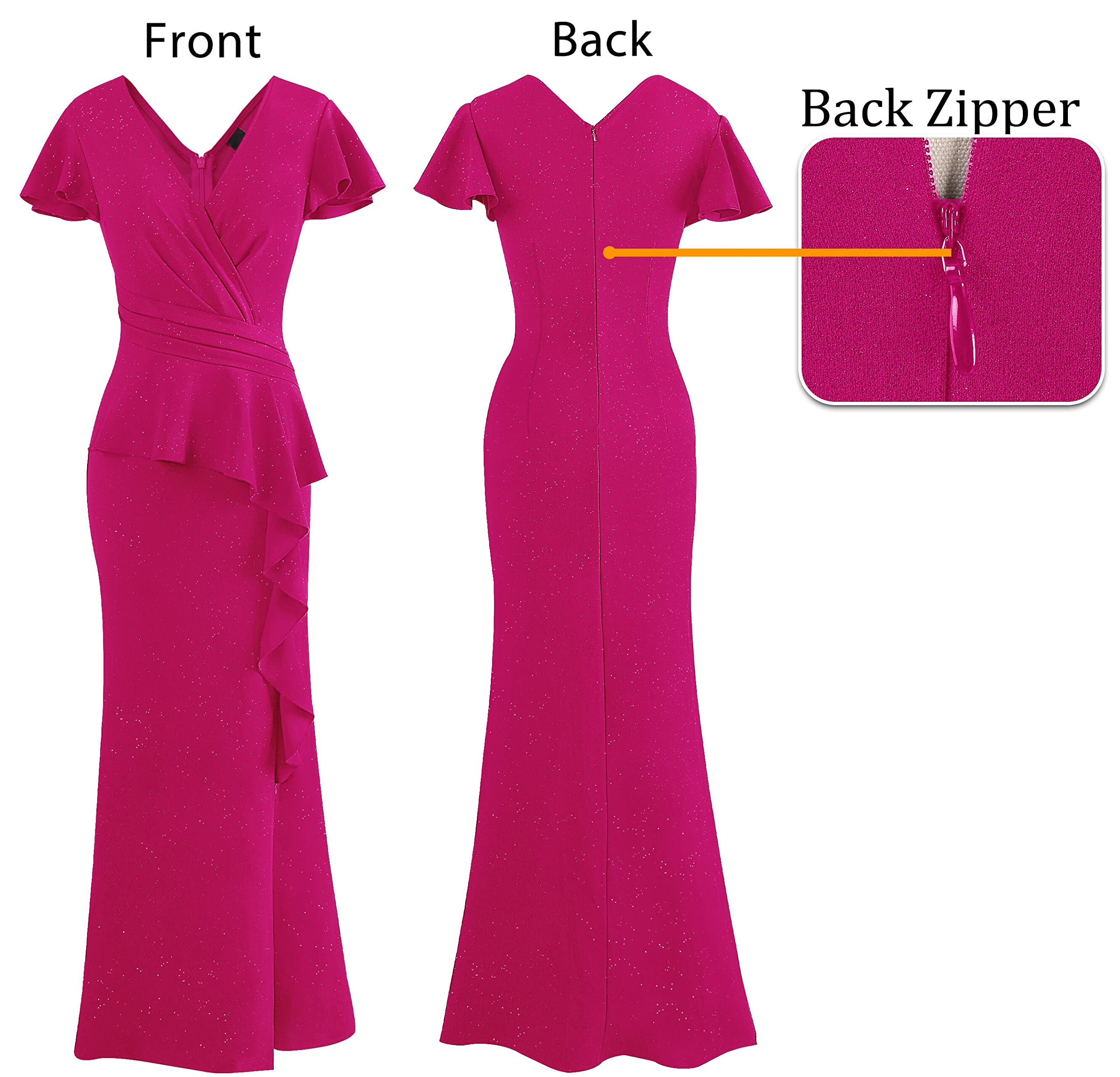 VFSHOW Womens Ruched Wrap V Neck Ruffle Formal Peplum High Slit Maxi Long Dress 2023 Wedding Guest Cocktail Prom Glitter Evening Gown (Hot Pink, Medium) 3121 HPIK M