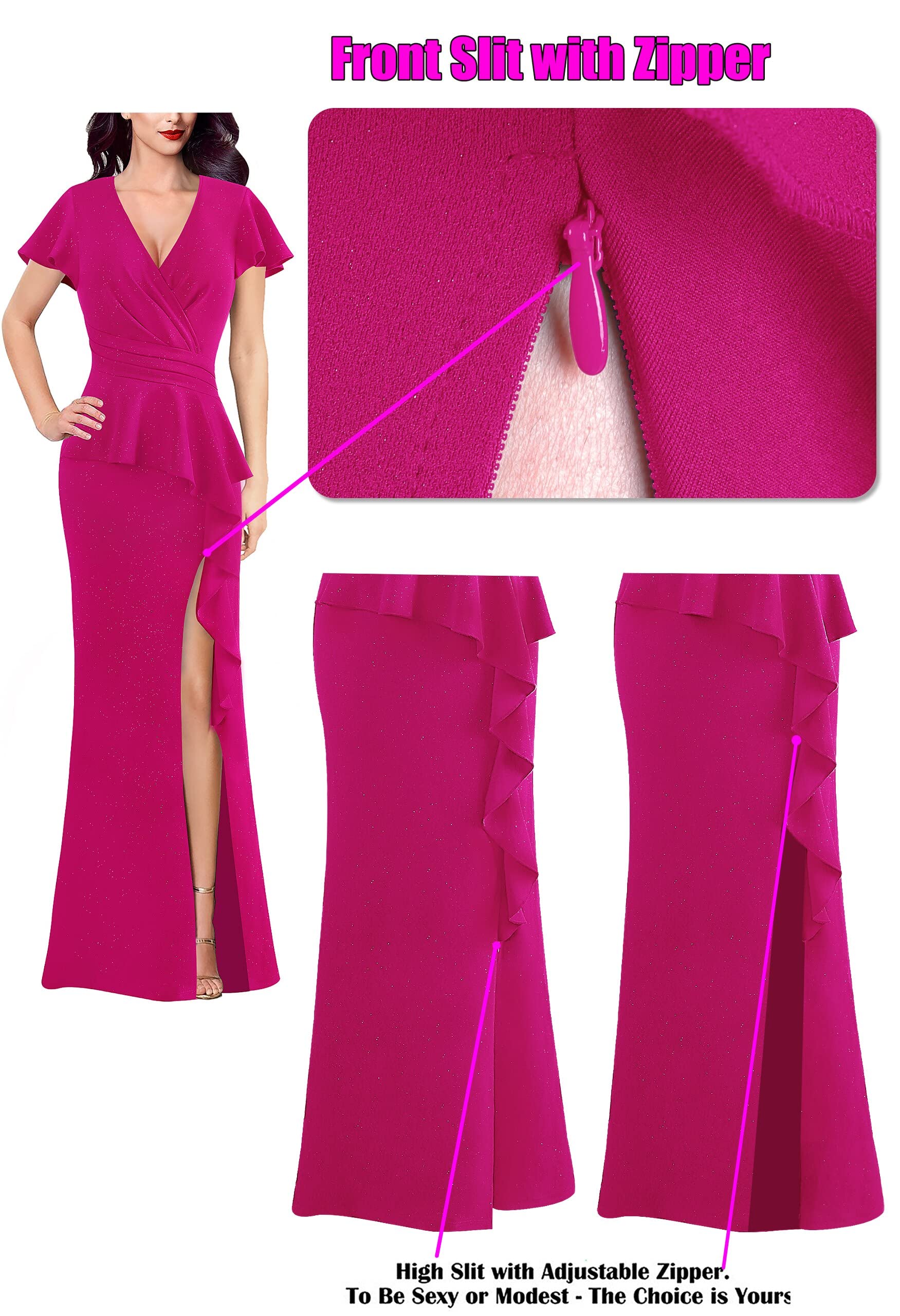 VFSHOW Womens Ruched Wrap V Neck Ruffle Formal Peplum High Slit Maxi Long Dress 2023 Wedding Guest Cocktail Prom Glitter Evening Gown (Hot Pink, Medium) 3121 HPIK M