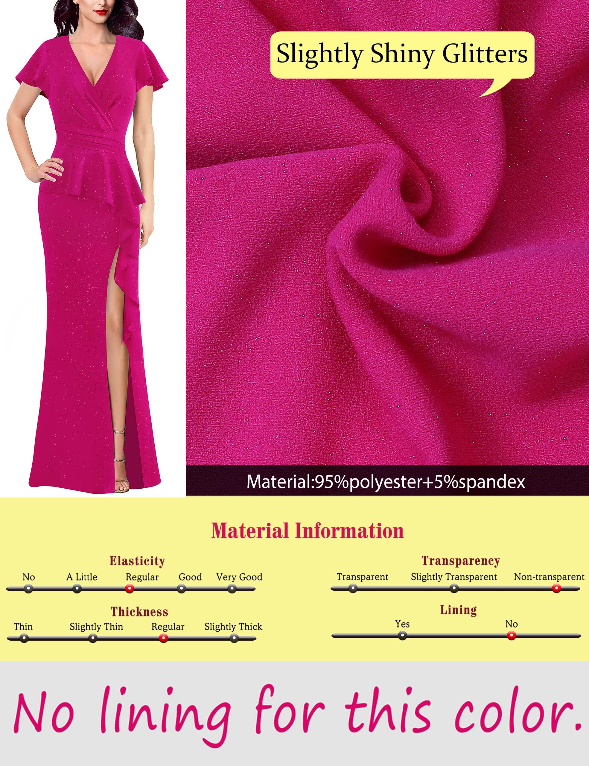 VFSHOW Womens Ruched Wrap V Neck Ruffle Formal Peplum High Slit Maxi Long Dress 2023 Wedding Guest Cocktail Prom Glitter Evening Gown (Hot Pink, Medium) 3121 HPIK M