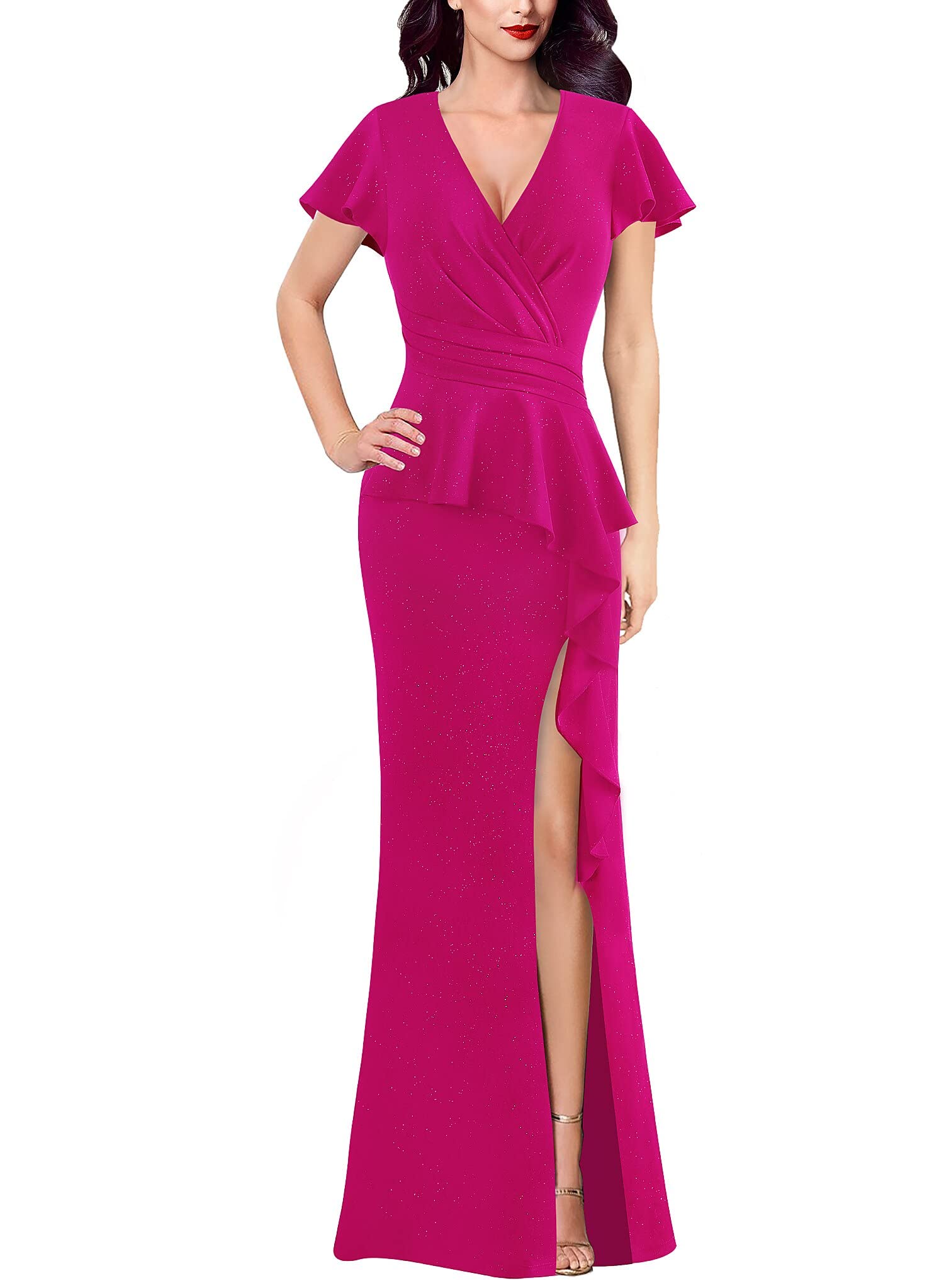 VFSHOW Womens Ruched Wrap V Neck Ruffle Formal Peplum High Slit Maxi Long Dress 2023 Wedding Guest Cocktail Prom Glitter Evening Gown (Hot Pink, Medium) 3121 HPIK M