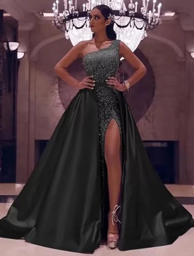 One Shoulder Sequin Prom Dresses Long Satin Ball Gowns for Women Sparkly Mermaid Formal Evening Dress with Slit Hot Pink (US20)