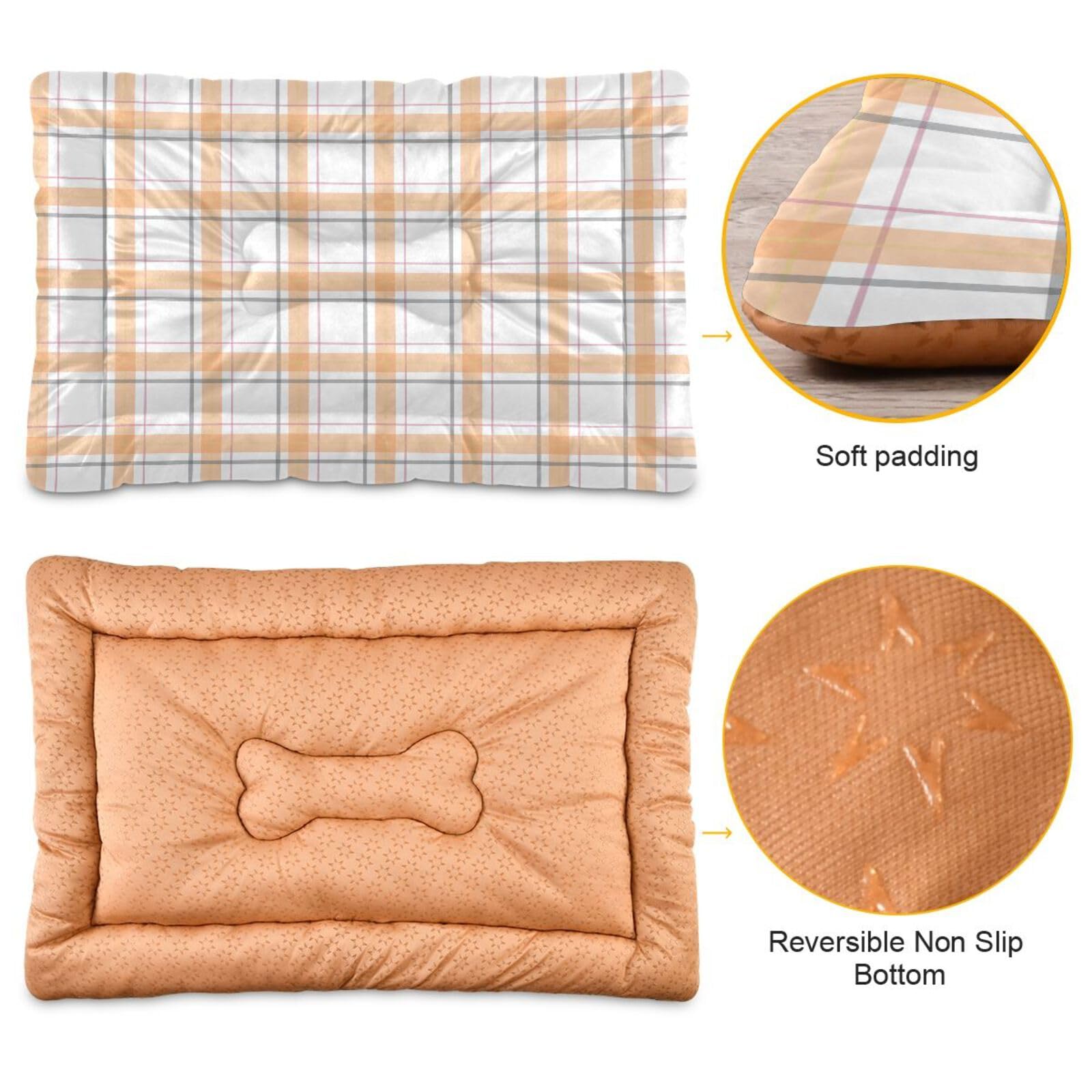 Coikll Modern Minimalist Orange White Square Grid Pet Bed Pad Soft Dog Bed Mat with Anti-Slip Bottom, Machine Washable Crate Pad Mattress for Dog Sleeping- 24 * 18inches