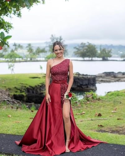 One Shoulder Sequin Prom Dresses Long Satin Ball Gowns for Women Sparkly Mermaid Formal Evening Dress with Slit Hot Pink (US20)