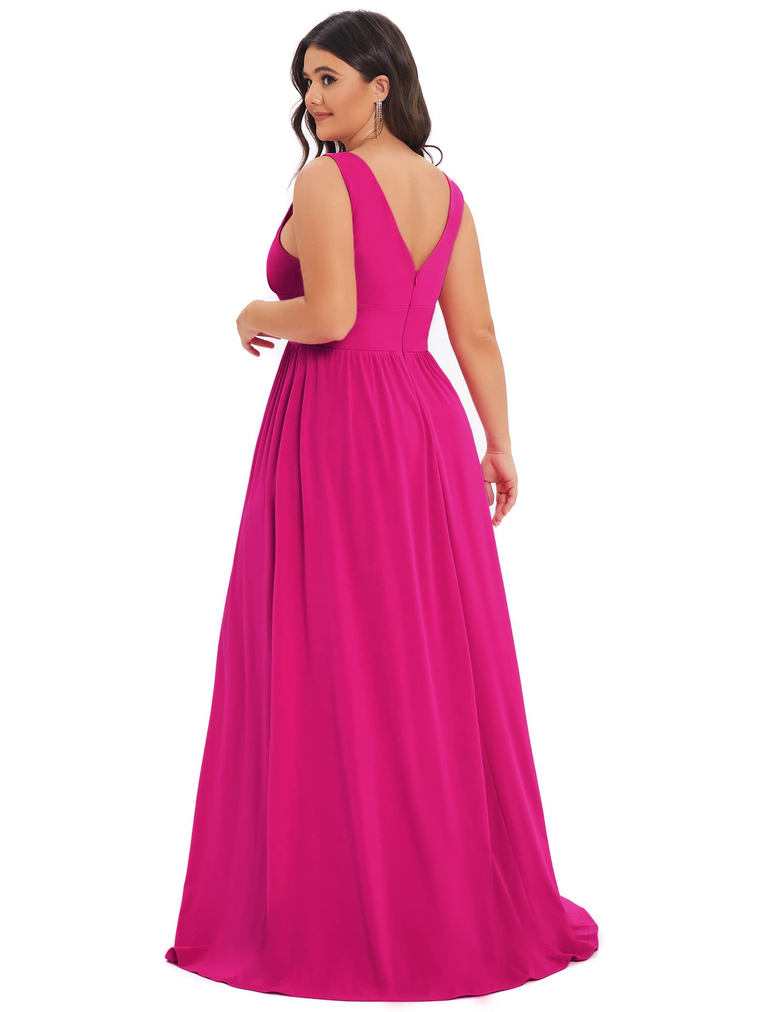Ever-Pretty Summer Maxi High Slit Pleated Sleeveless Plus Size Formal Dresses for Curvy Women Hot Pink US16