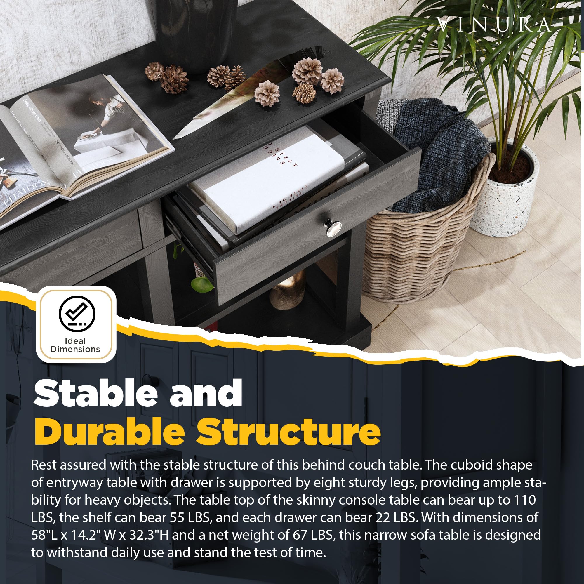 Venera Console Tables for Entryway - Solid Wood Espresso 58” Console Table with Storage - Small Entryway Table & Two Drawers for Living Room - Environmental-Friendly Behind Couch Table Skinny