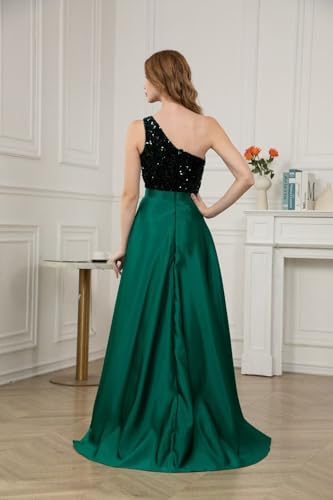 One Shoulder Sequin Prom Dresses Long Satin Ball Gowns for Women Sparkly Mermaid Formal Evening Dress with Slit Hot Pink (US20)