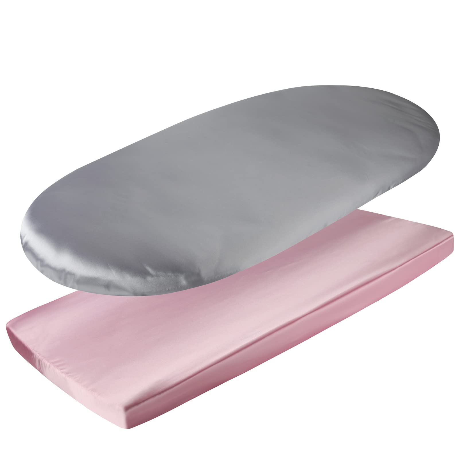 Satin Bassinet Sheet Set 2 Pack Ultra Soft Silk Fit for Rectangle, Hourglass, Oval Bassinet Mattress Protect for Baby Hair and Skin Cradle or Bassinet Sheets, Lt Grey & Pink
