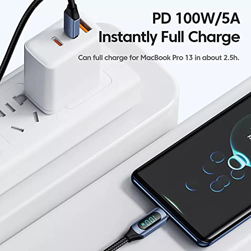 5A Type C to Type-C Cable Super Turbo Charging PD 100W Digital LED C to C Nylon Braided for Samsung High Stable Current Save PVC USB-C Charger Fast-Speed Data Sync Smart Chip 2Meter Length (2M-Blue)