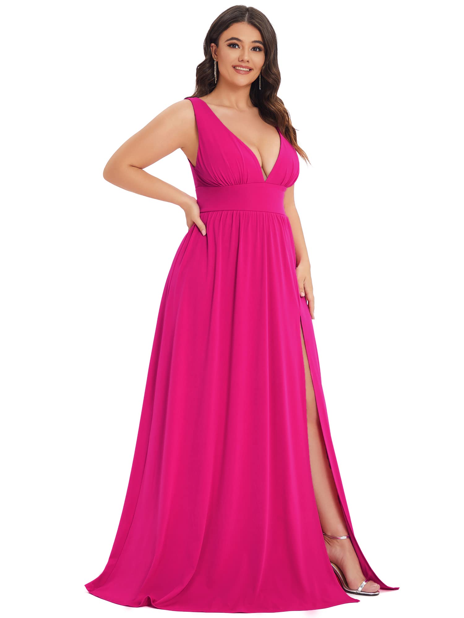 Ever-Pretty Summer Maxi High Slit Pleated Sleeveless Plus Size Formal Dresses for Curvy Women Hot Pink US16