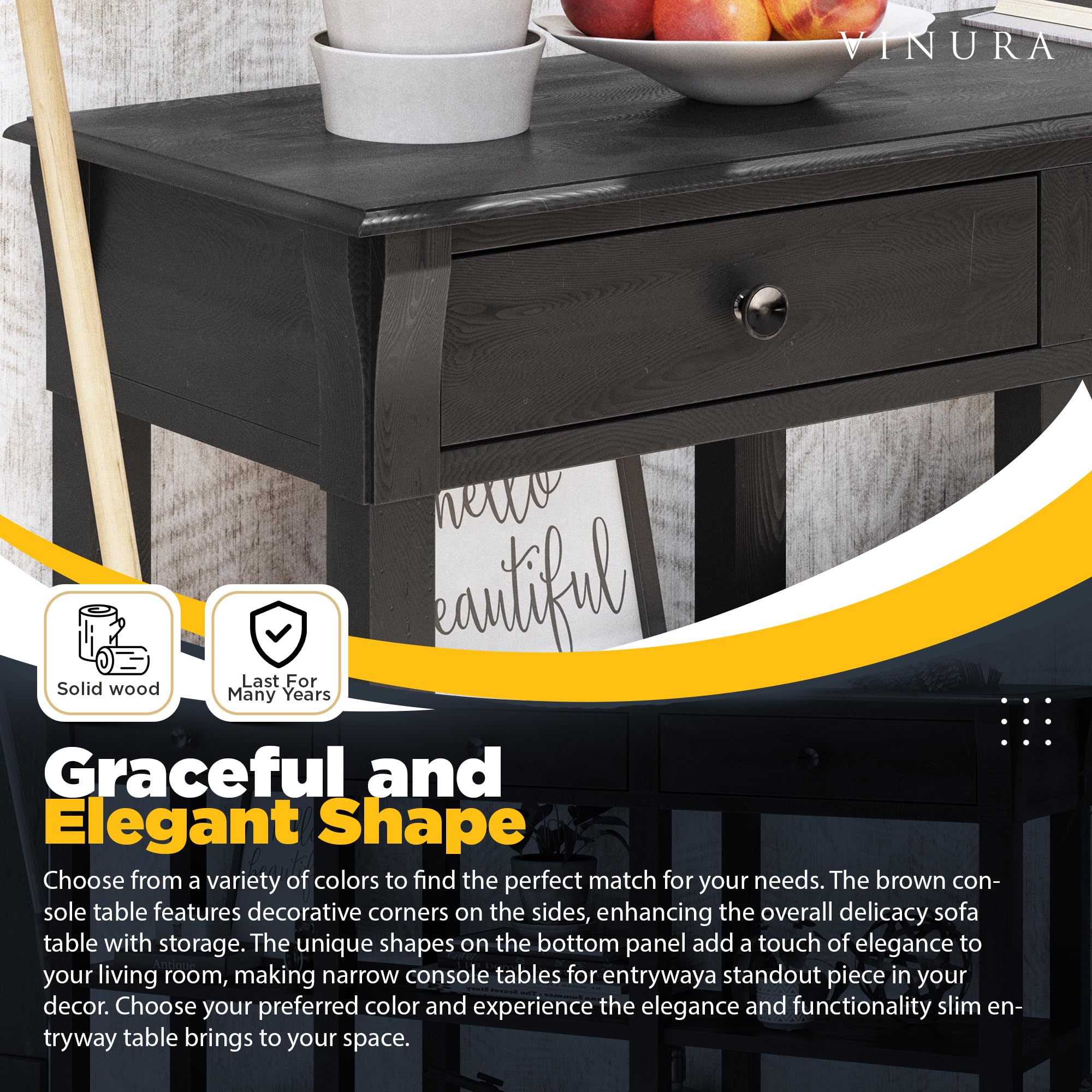 Venera Console Tables for Entryway - Solid Wood Espresso 58” Console Table with Storage - Small Entryway Table & Two Drawers for Living Room - Environmental-Friendly Behind Couch Table Skinny