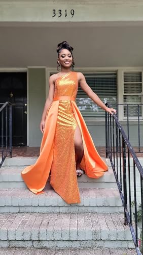 One Shoulder Sequin Prom Dresses Long Satin Ball Gowns for Women Sparkly Mermaid Formal Evening Dress with Slit Hot Pink (US20)
