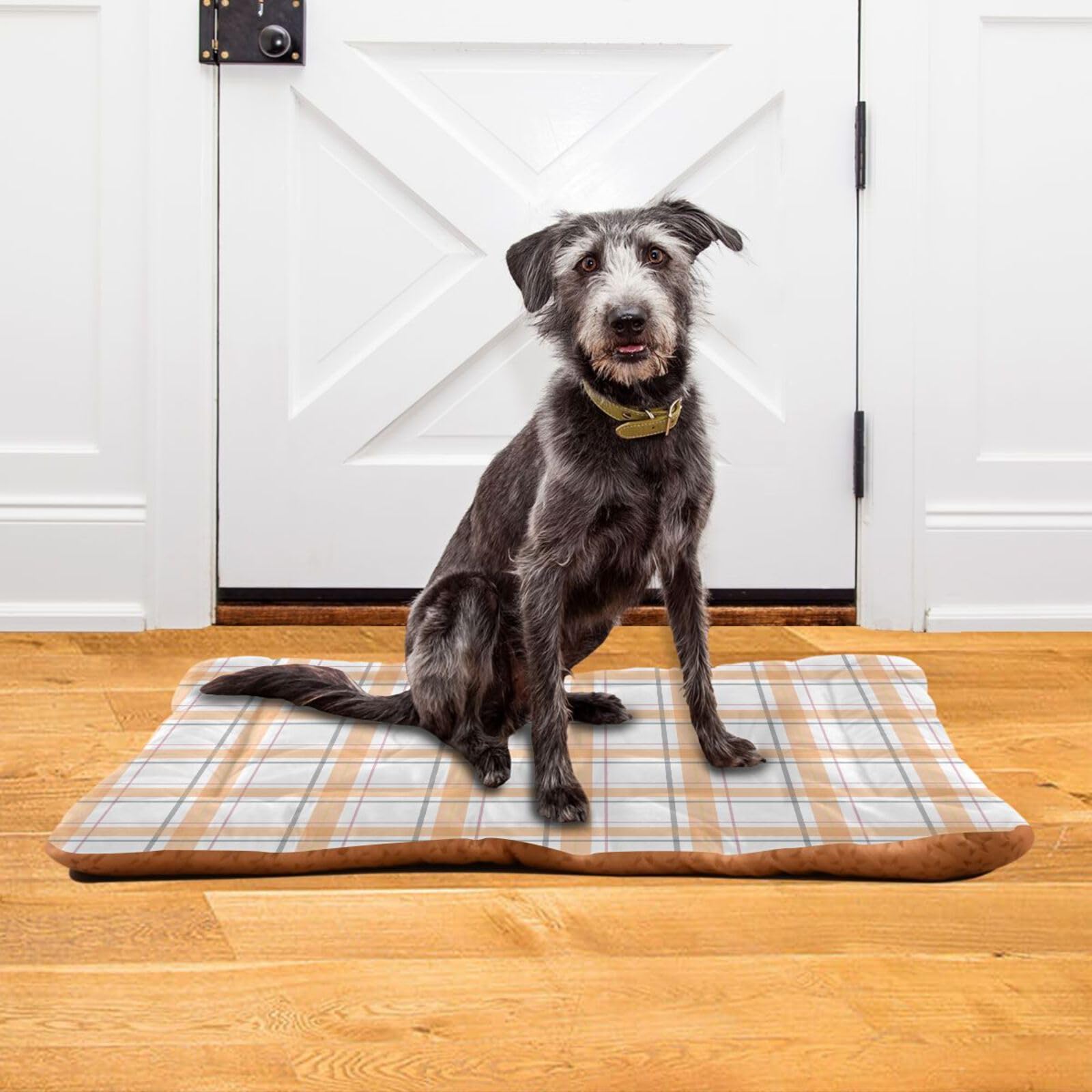 Coikll Modern Minimalist Orange White Square Grid Pet Bed Pad Soft Dog Bed Mat with Anti-Slip Bottom, Machine Washable Crate Pad Mattress for Dog Sleeping- 24 * 18inches