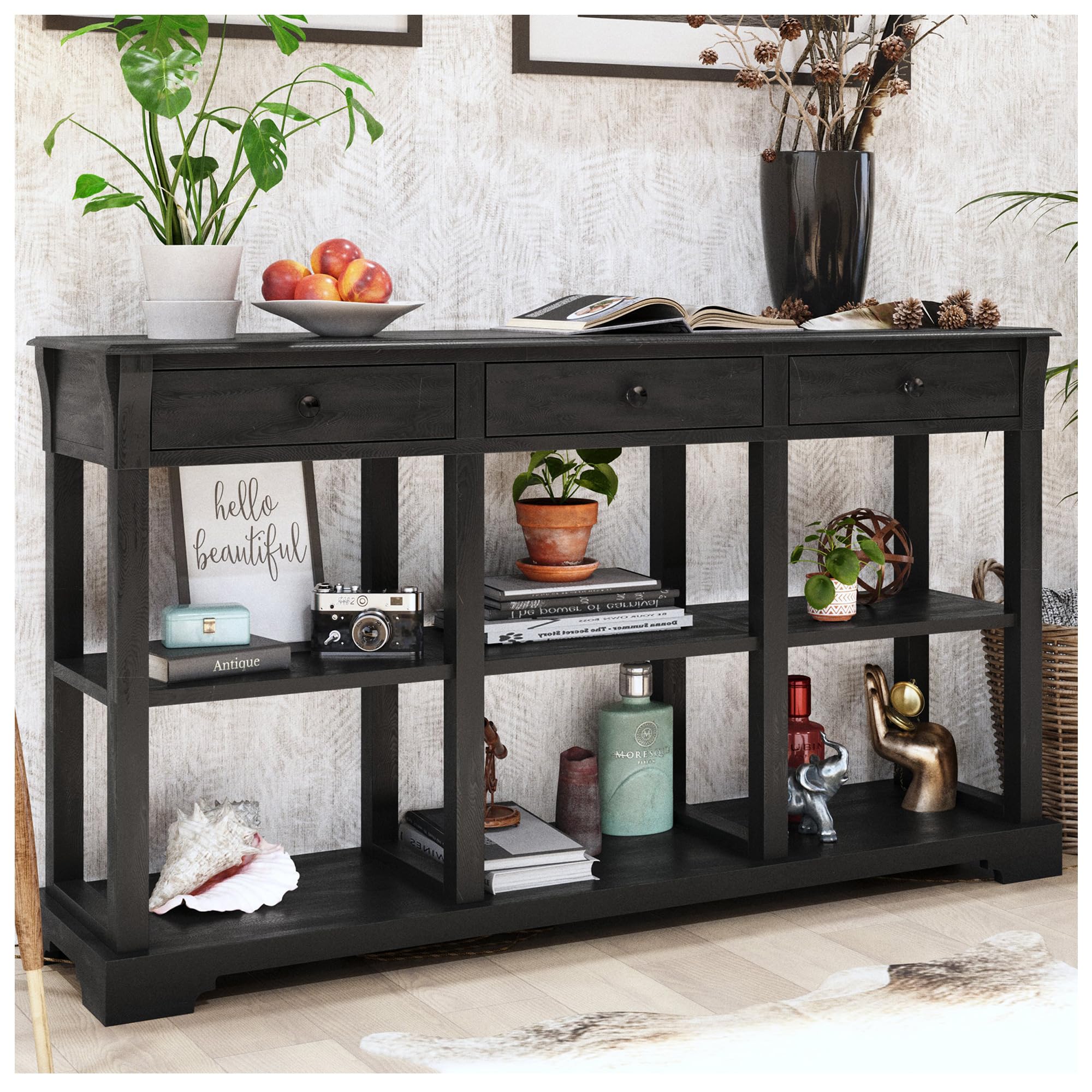 Venera Console Tables for Entryway - Solid Wood Espresso 58” Console Table with Storage - Small Entryway Table & Two Drawers for Living Room - Environmental-Friendly Behind Couch Table Skinny