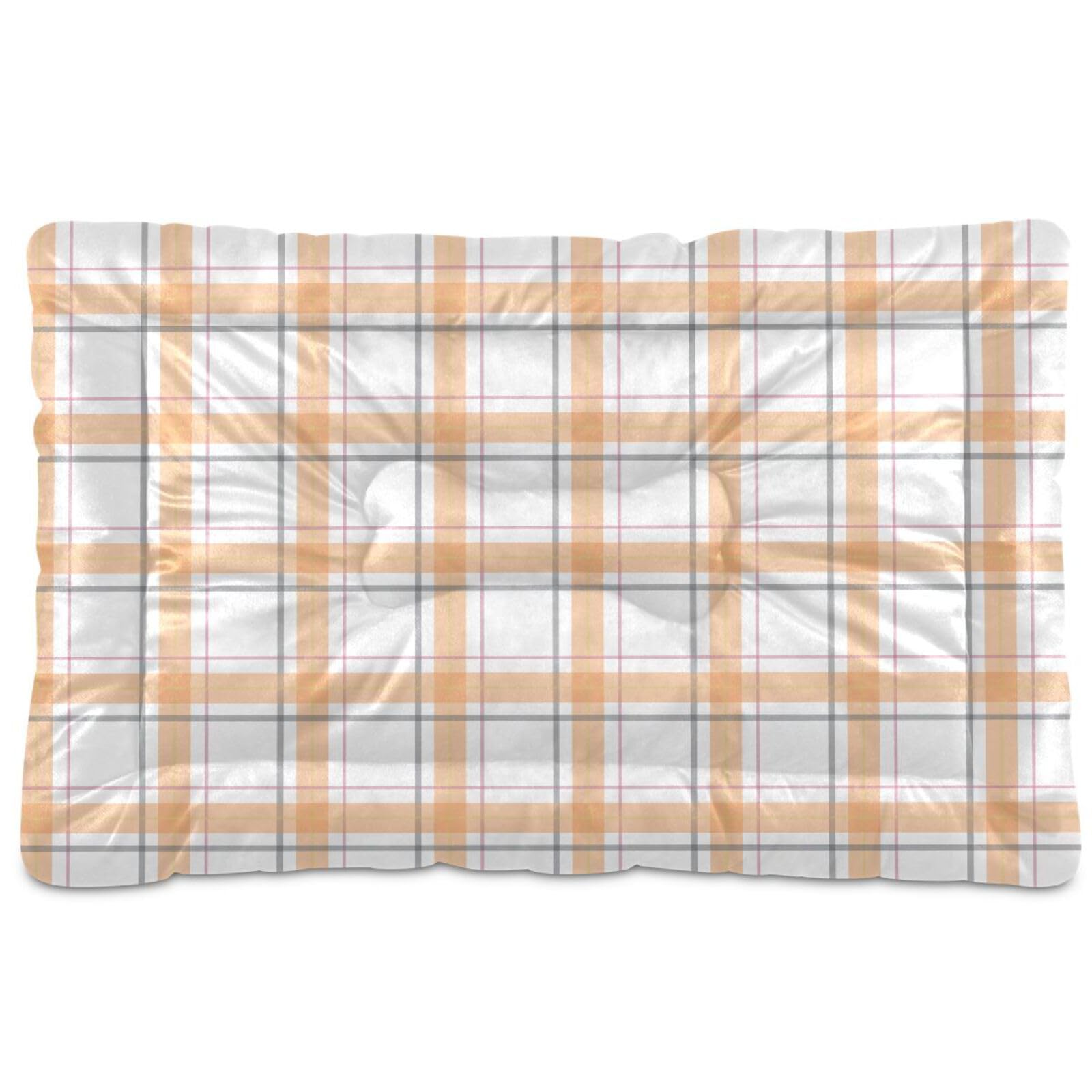 Coikll Modern Minimalist Orange White Square Grid Pet Bed Pad Soft Dog Bed Mat with Anti-Slip Bottom, Machine Washable Crate Pad Mattress for Dog Sleeping- 24 * 18inches