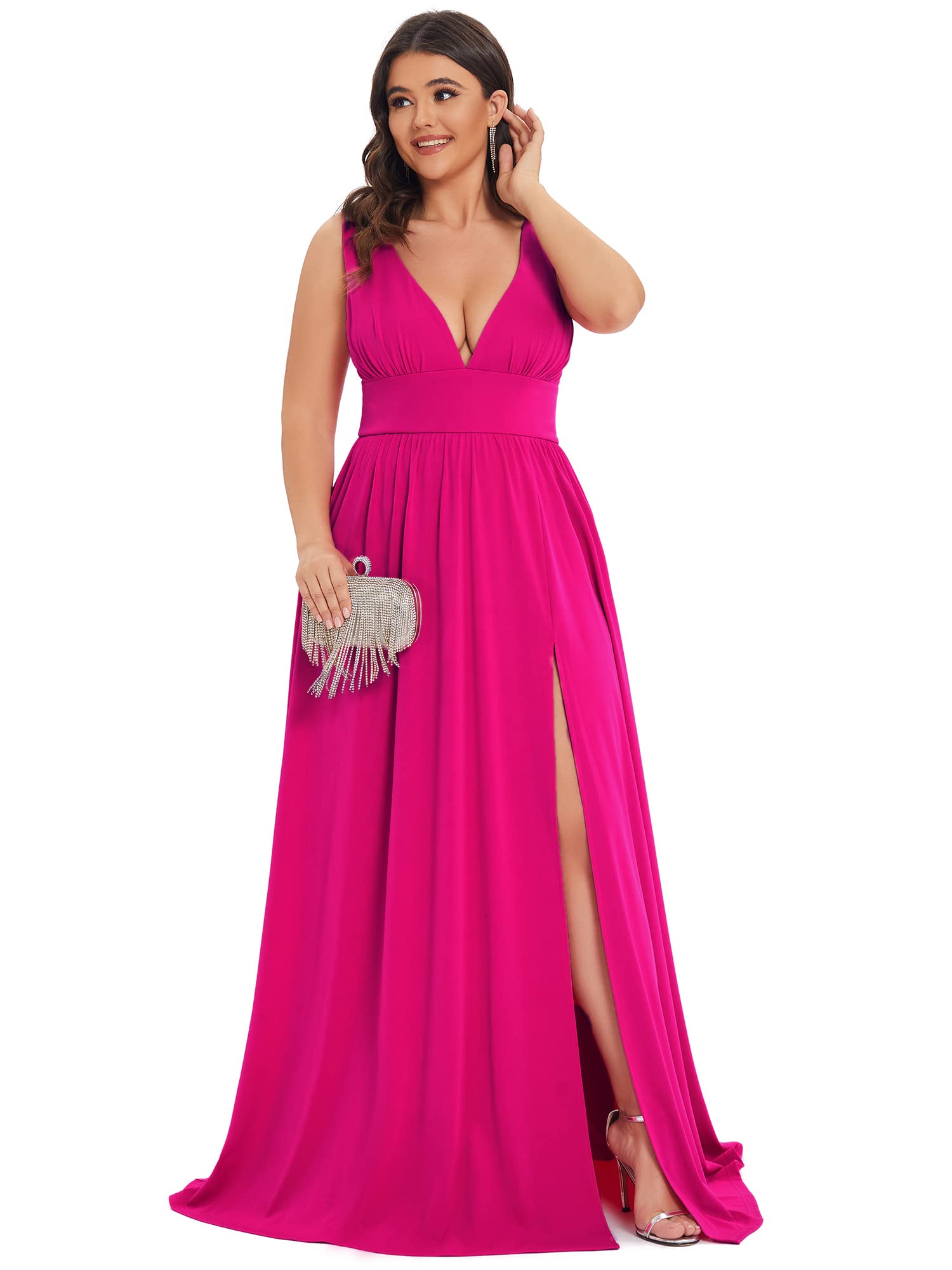 Ever-Pretty Summer Maxi High Slit Pleated Sleeveless Plus Size Formal Dresses for Curvy Women Hot Pink US16