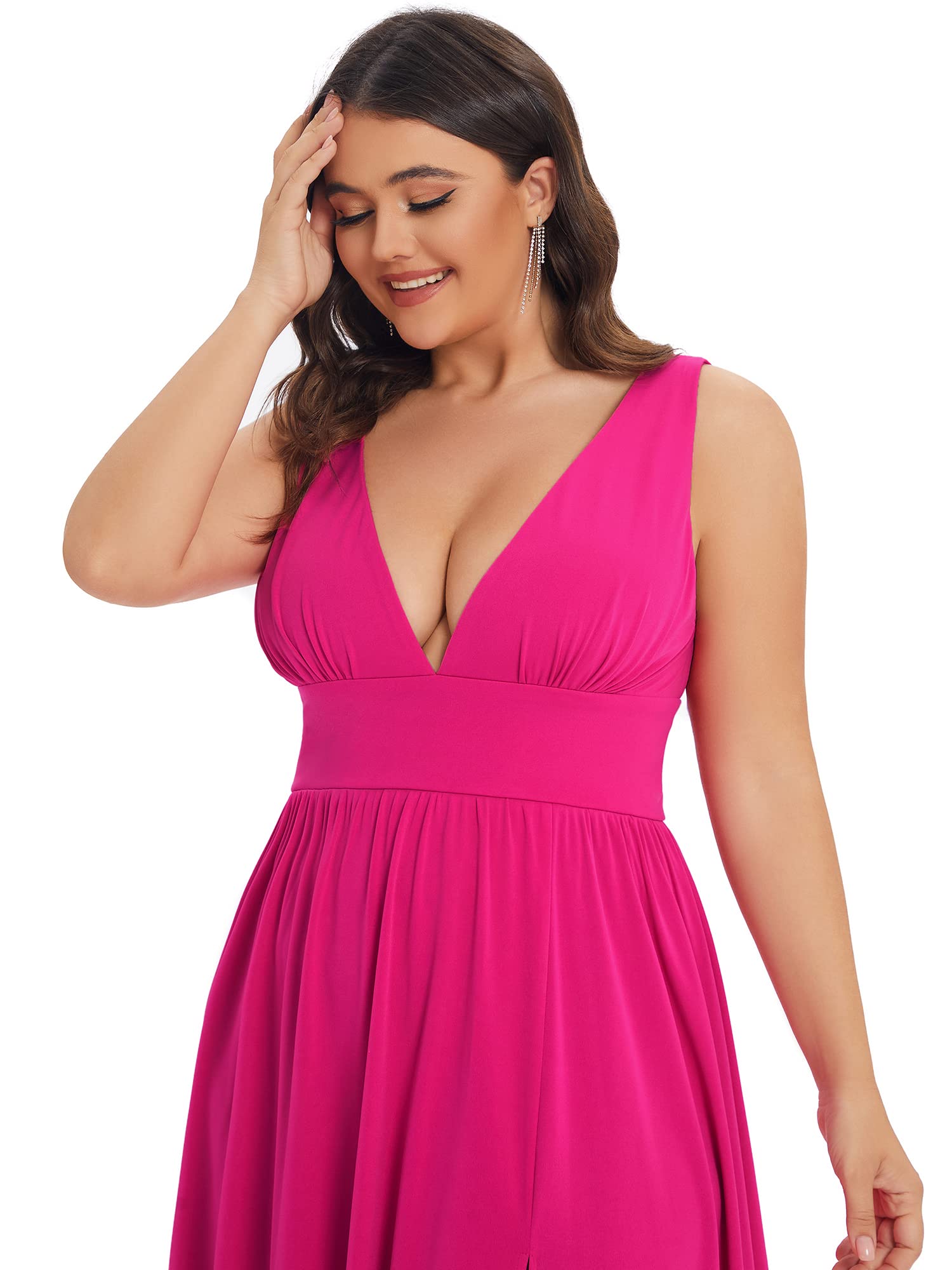 Ever-Pretty Summer Maxi High Slit Pleated Sleeveless Plus Size Formal Dresses for Curvy Women Hot Pink US16