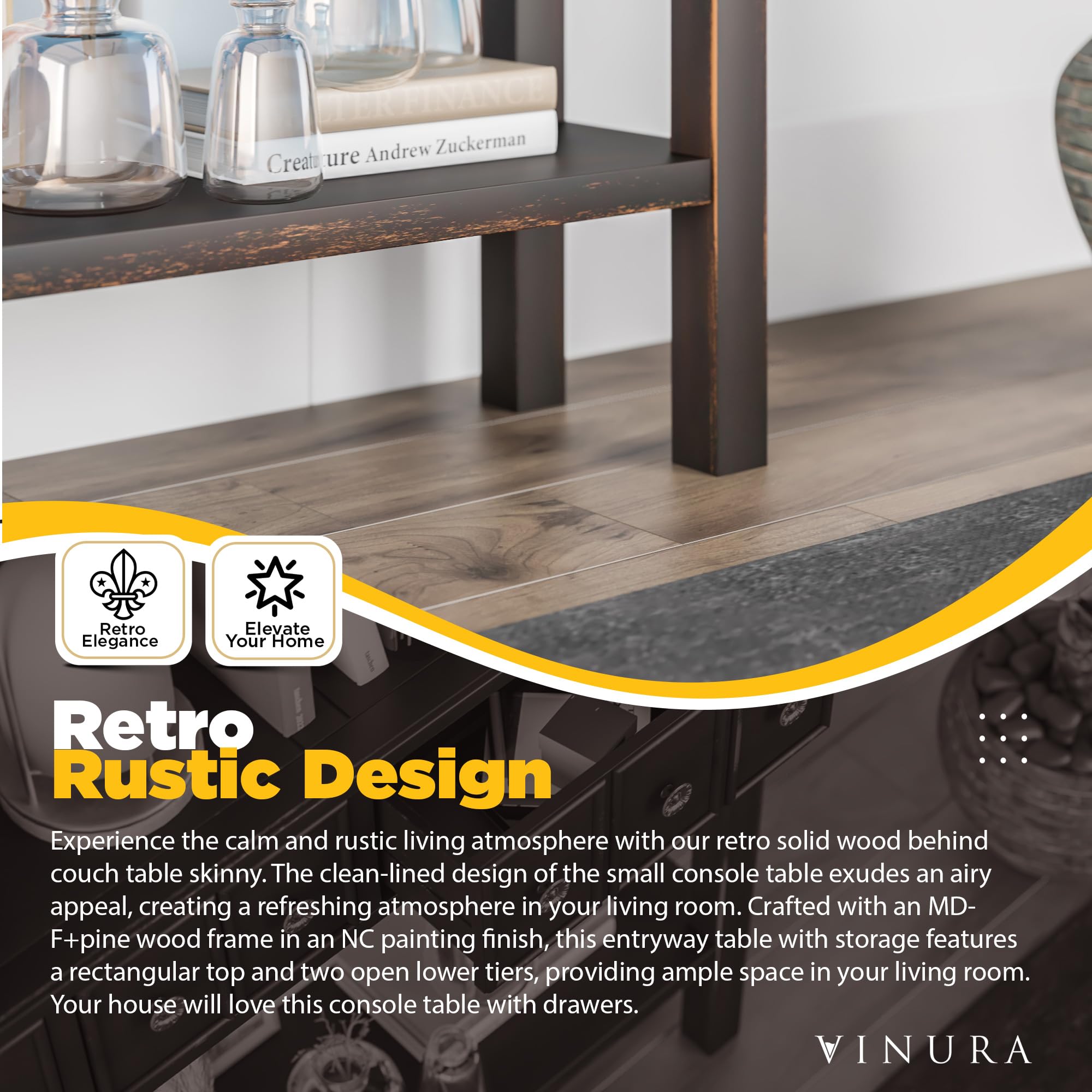 Venera Console Tables for Living Room - Solid Wood Black 60β Entryway Table with Storage - Behind Couch Table Skinny & Two Drawers - Environmental-Friendly Entry Way Table Home Furniture