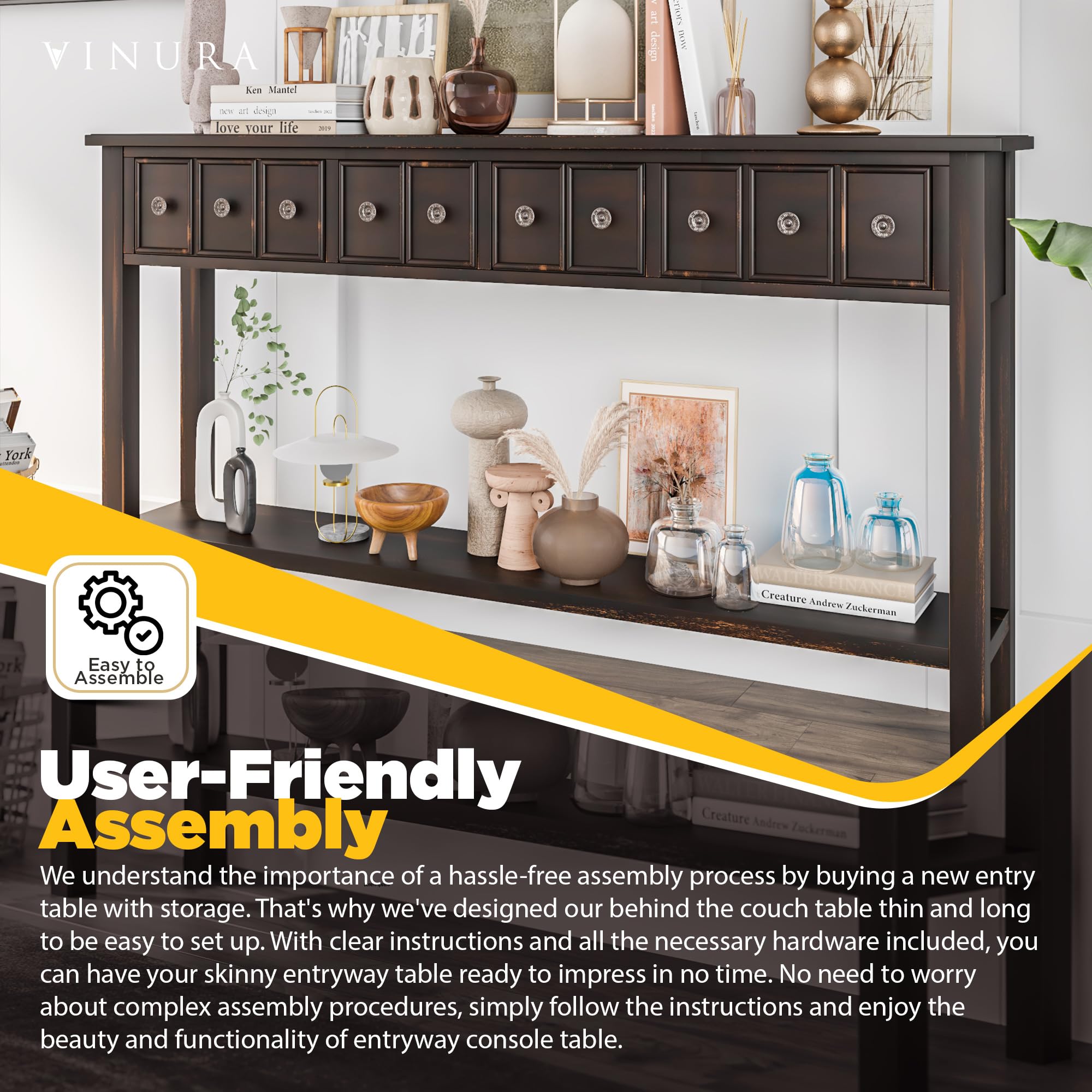 Venera Console Tables for Living Room - Solid Wood Black 60β Entryway Table with Storage - Behind Couch Table Skinny & Two Drawers - Environmental-Friendly Entry Way Table Home Furniture