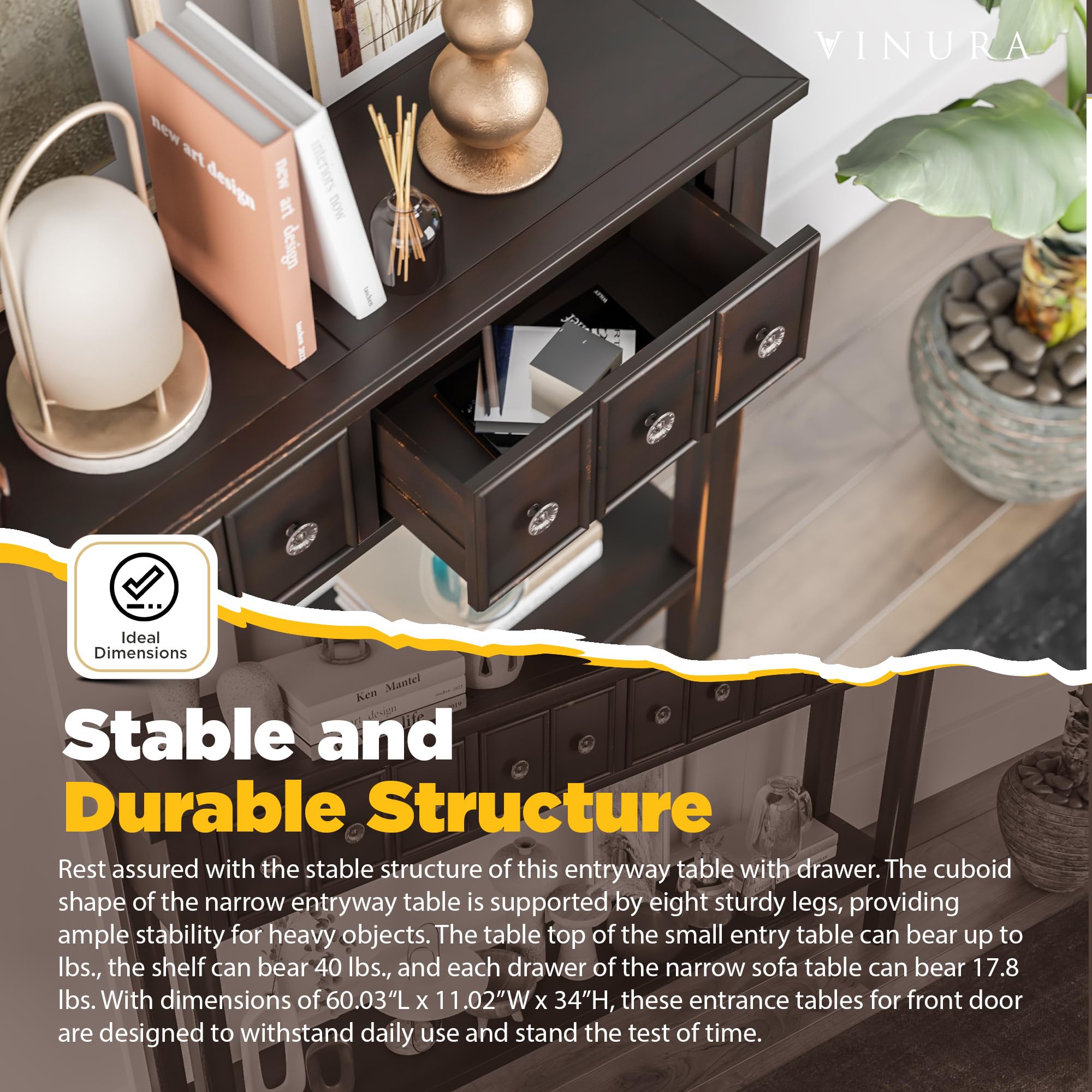 Venera Console Tables for Living Room - Solid Wood Black 60β Entryway Table with Storage - Behind Couch Table Skinny & Two Drawers - Environmental-Friendly Entry Way Table Home Furniture