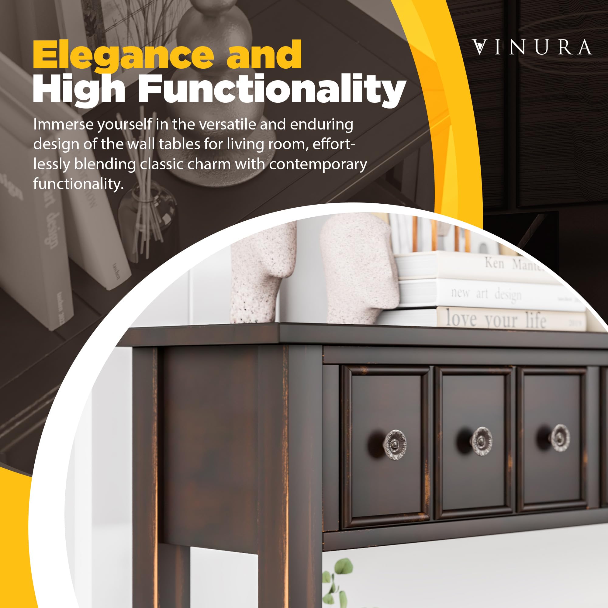 Venera Console Tables for Living Room - Solid Wood Black 60β Entryway Table with Storage - Behind Couch Table Skinny & Two Drawers - Environmental-Friendly Entry Way Table Home Furniture