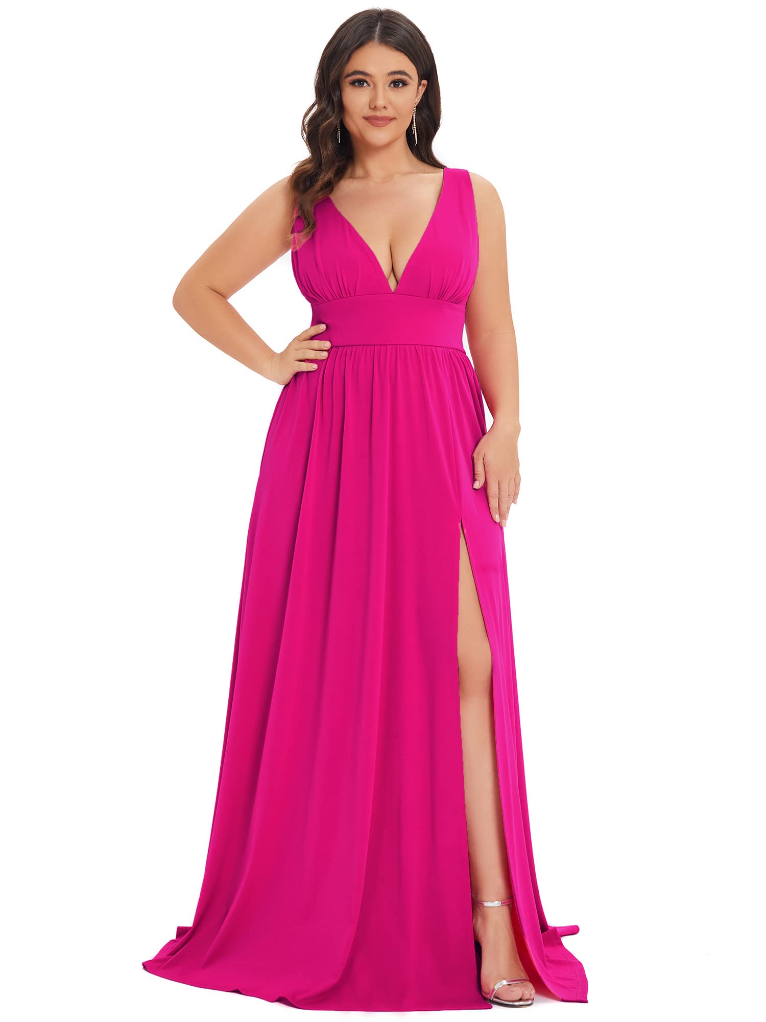 Ever-Pretty Summer Maxi High Slit Pleated Sleeveless Plus Size Formal Dresses for Curvy Women Hot Pink US16