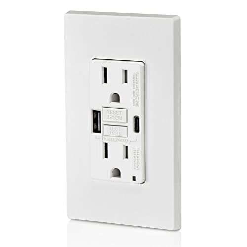 Leviton T5635-W USB Dual Type-C with Power Delivery (PD) In-Wall Charger, White & GUAC1-W 15A SmartlockPro Self-Test GFCI Combination 24W(4.8A) Type A/C USB in-Wall Charger Outlet, White