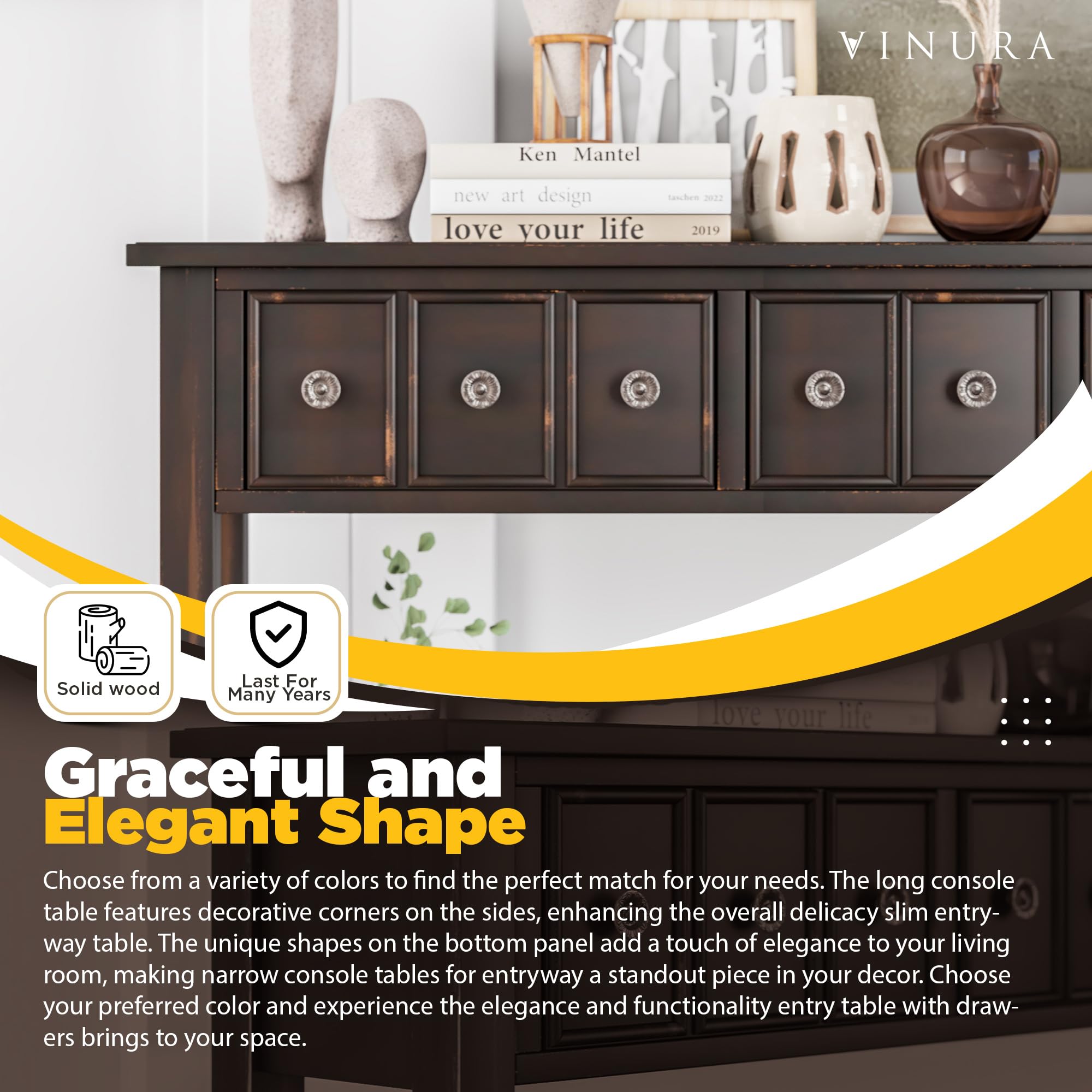 Venera Console Tables for Living Room - Solid Wood Black 60β Entryway Table with Storage - Behind Couch Table Skinny & Two Drawers - Environmental-Friendly Entry Way Table Home Furniture