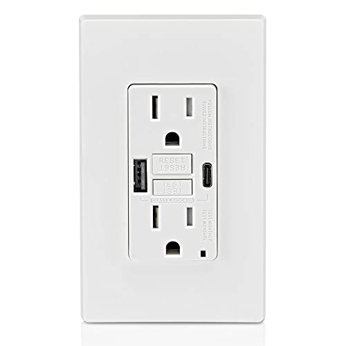 Leviton T5635-W USB Dual Type-C with Power Delivery (PD) In-Wall Charger, White & GUAC1-W 15A SmartlockPro Self-Test GFCI Combination 24W(4.8A) Type A/C USB in-Wall Charger Outlet, White