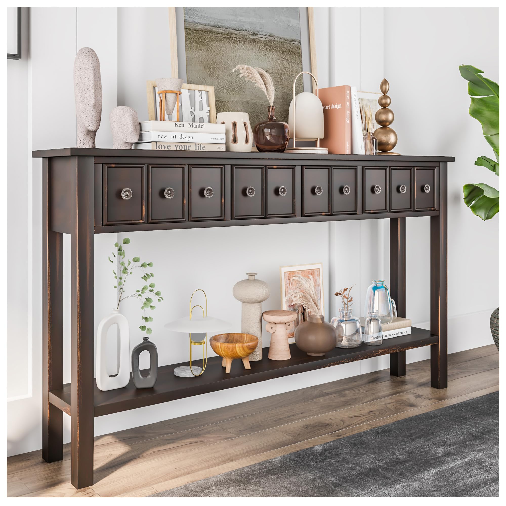 Venera Console Tables for Living Room - Solid Wood Black 60” Entryway Table with Storage - Behind Couch Table Skinny & Two Drawers - Environmental-Friendly Entry Way Table Home Furniture