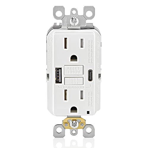Leviton T5635-W USB Dual Type-C with Power Delivery (PD) In-Wall Charger, White & GUAC1-W 15A SmartlockPro Self-Test GFCI Combination 24W(4.8A) Type A/C USB in-Wall Charger Outlet, White