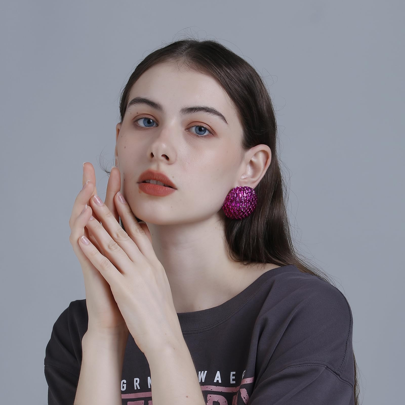 RUOFFETA Large Disco Ball Earrings, Sparkly Half-Ball Earrings for Women 60s 70s Outfits Costume Accessories(Hot Pink)