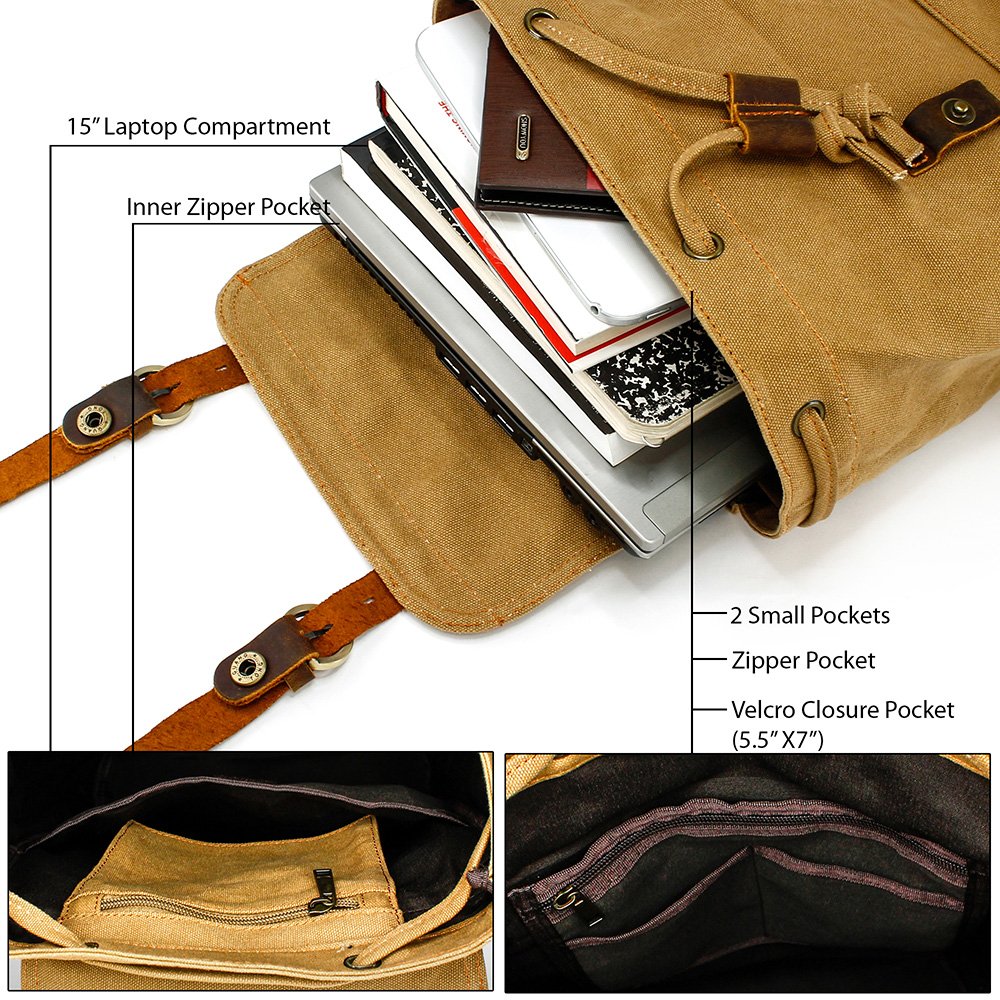GEARONIC Vintage Canvas Backpack, Casual Daypack Backpacks for Men Women, 15inch Laptop Bag Travel Hiking Camping Rucksack - Khaki