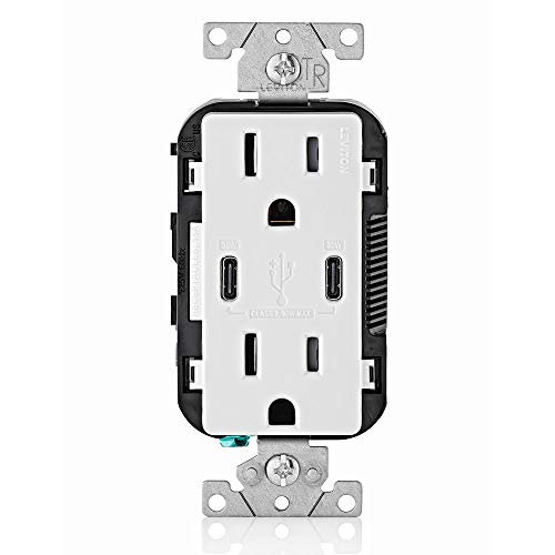 Leviton T5635-W USB Dual Type-C with Power Delivery (PD) In-Wall Charger, White & GUAC1-W 15A SmartlockPro Self-Test GFCI Combination 24W(4.8A) Type A/C USB in-Wall Charger Outlet, White