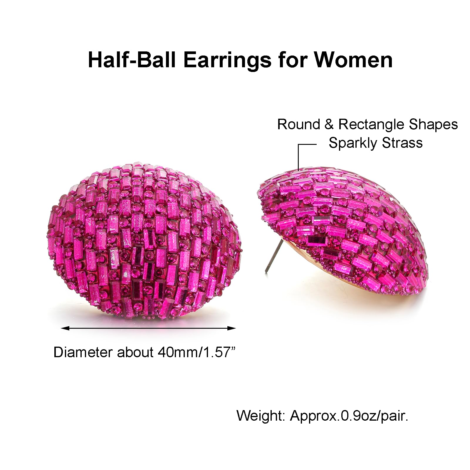 RUOFFETA Large Disco Ball Earrings, Sparkly Half-Ball Earrings for Women 60s 70s Outfits Costume Accessories(Hot Pink)