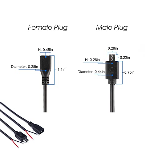 KSOPUERT 4 Pcs Micro USB to Bare Wire Open End Cable 12inch 5V 2.1A 28AWG 2 Cores Power Pigtail Repair Tin on The Tail Cable Cord DIY Black,1 Feet,2 Pcs Male Plug & 2 Pcs Female Plug Included