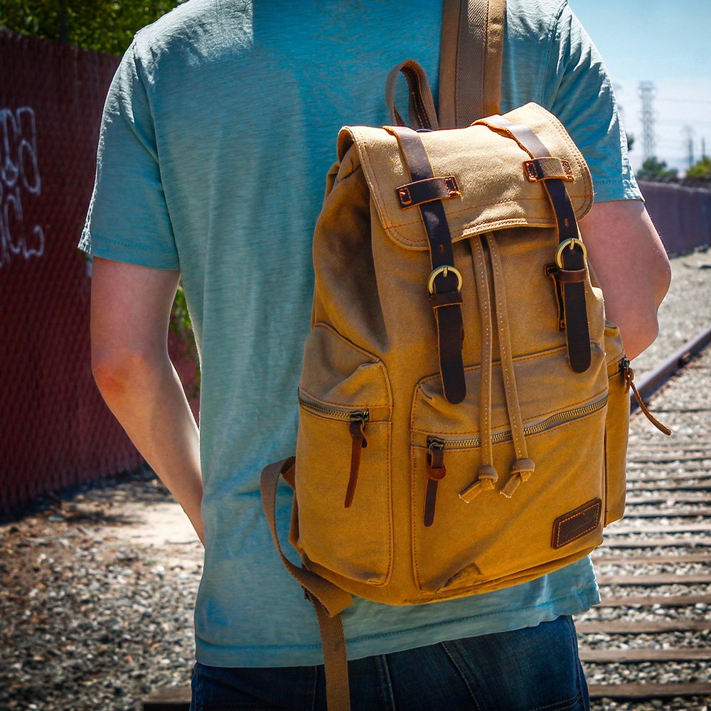 GEARONIC Vintage Canvas Backpack, Casual Daypack Backpacks for Men Women, 15inch Laptop Bag Travel Hiking Camping Rucksack - Khaki