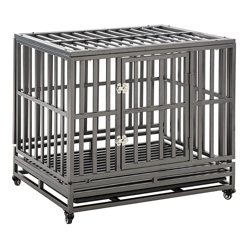 KELIXU 38” Heavy Duty Dog Crate Large Dog Cage Metal Dog Kennels and Crates for Large Dogs Indoor Outdoor with Locks, Lockable Wheels and Removable Tray, Easy to Install, Black