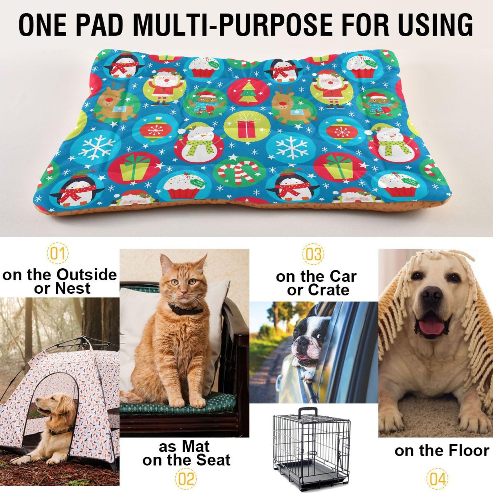 Coikll Cute Christmas Reindeer Snowman Santa Pet Bed Pad Soft Dog Bed Mat with Anti-Slip Bottom, Machine Washable Crate Pad Mattress for Dog Sleeping- 36 * 24inches