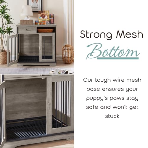DOSSMBOLA 32'' Wooden Dog Crate Furniture for Medium Small Dogs, Dog Kennel Dog Crate with Pull-Out Tray, Storage Drawer, End Table Dog Cage - Gray