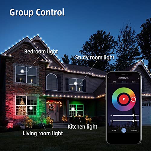 A19 Smart LED Light Bulbs 9W 800LM WiFi & Bluetooth, Compatible with Alexa & Google Assistant, RGB 2200K-6500K Dimmable Color Changing, Group Control, No Hub Required, 4 Pack