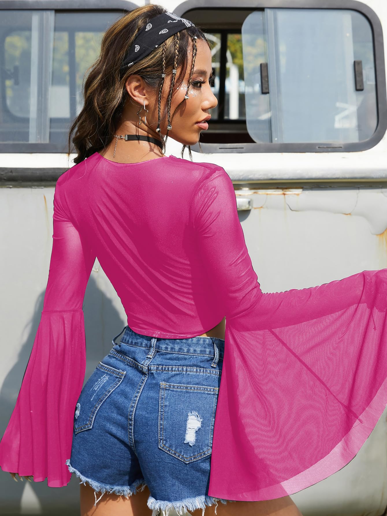 Verdusa Women's Tie Front Bell Long Sleeve Blouse Sheer Mesh Crop Top Hot Pink M